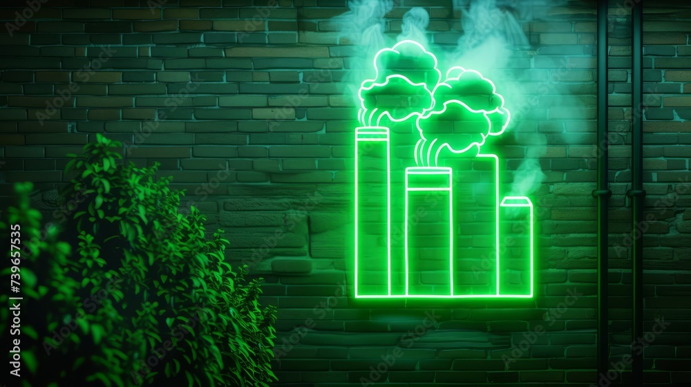 Green Neon lights of Eco Friendly Factory Wall Brick Background. Green ...