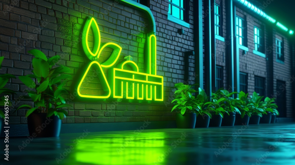 Green Neon lights of Eco Friendly Factory Wall Brick Background. Green ...