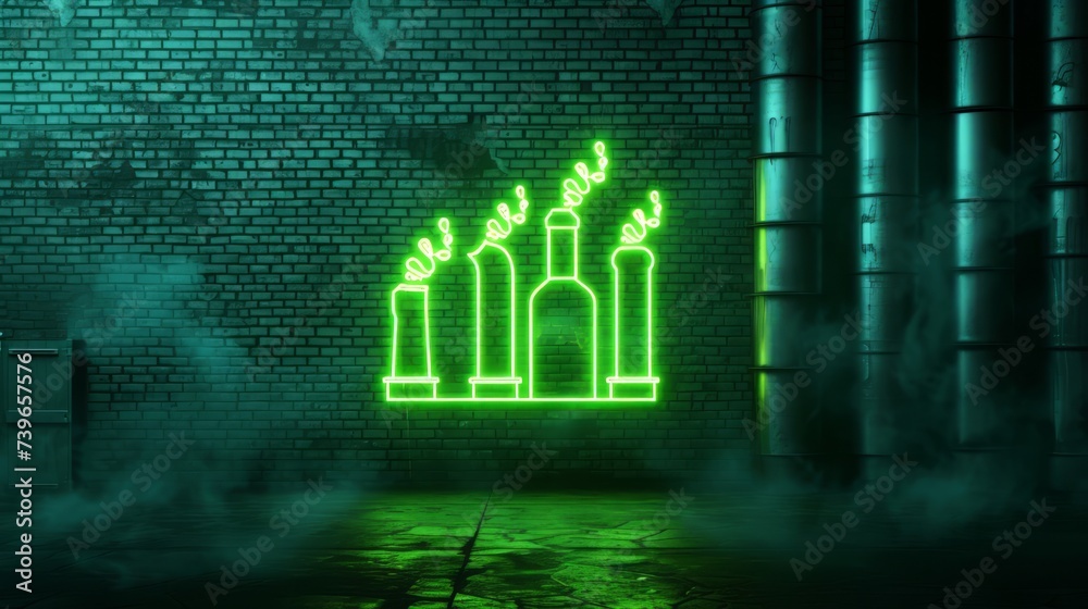 Green Neon lights of Eco Friendly Factory Wall Brick Background. Green ...