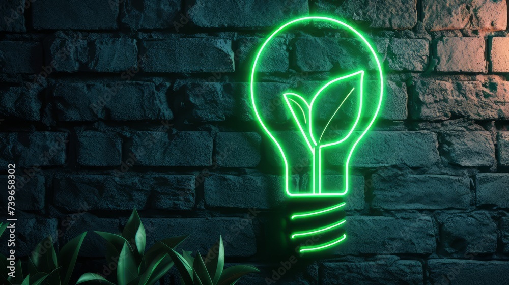 Green Neon lights of Eco Friendly Lightbulb on Wall Brick Background ...
