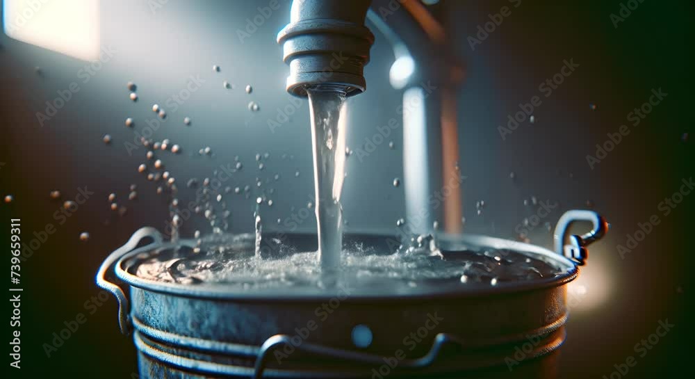 Generative AI animation of Impact of water falling into a bucket from a ...