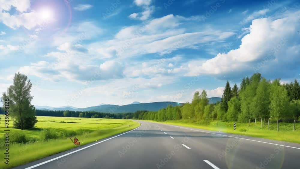 asphalt road and green forest landscape under the sky. road to the ...
