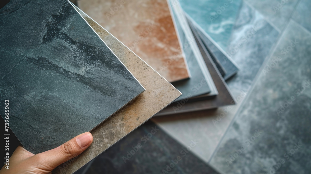 A closeup shot of a persons hand holding different types of tiles ...