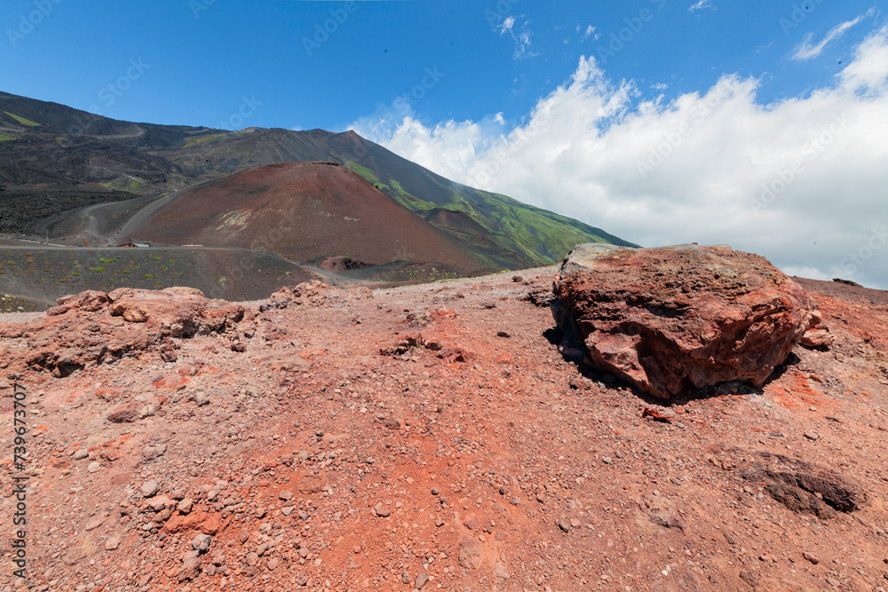 Panoramic wide view of the active volcano Etna, extinct craters on the ...