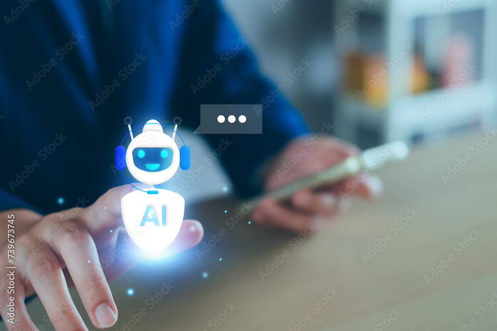 Chat robot ai assistant concept. Businessman show command prompt to ...