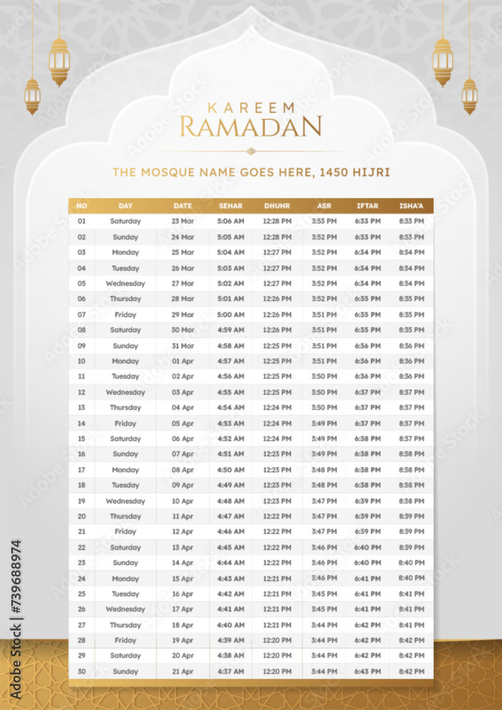 Ramadan Kareem Hijri Islamic Monthly Calendar Template Design Stock ...