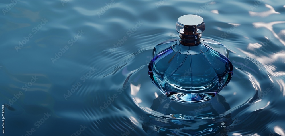 A luxurious perfume flask placed on an artistic blue surface, gently ...