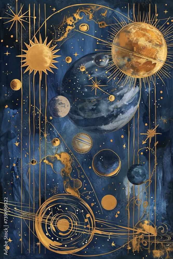 Solar system planets, tarot card art deco, gold, dark blue, watercolor ...