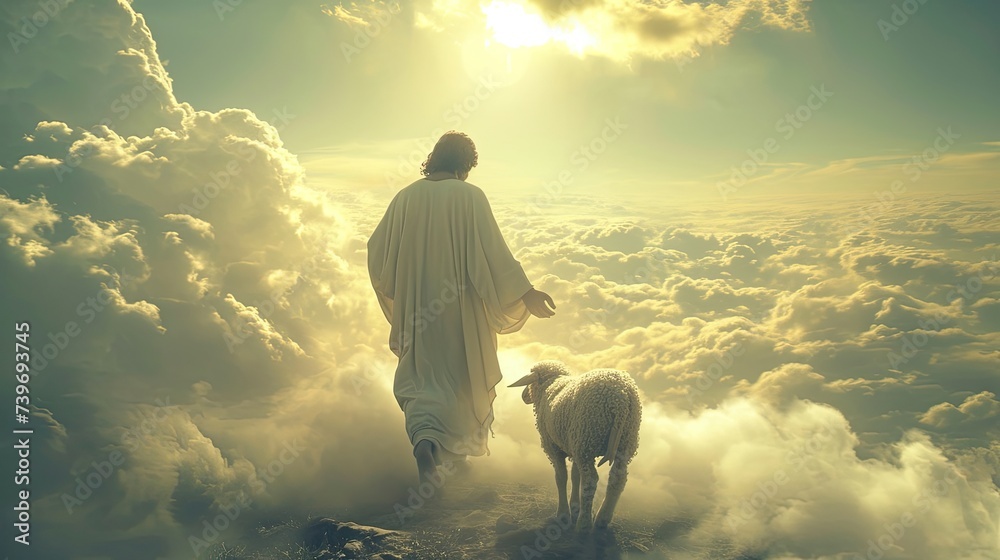 Jesus Christ with a white lamb walks on the clouds in the sky, Easter ...