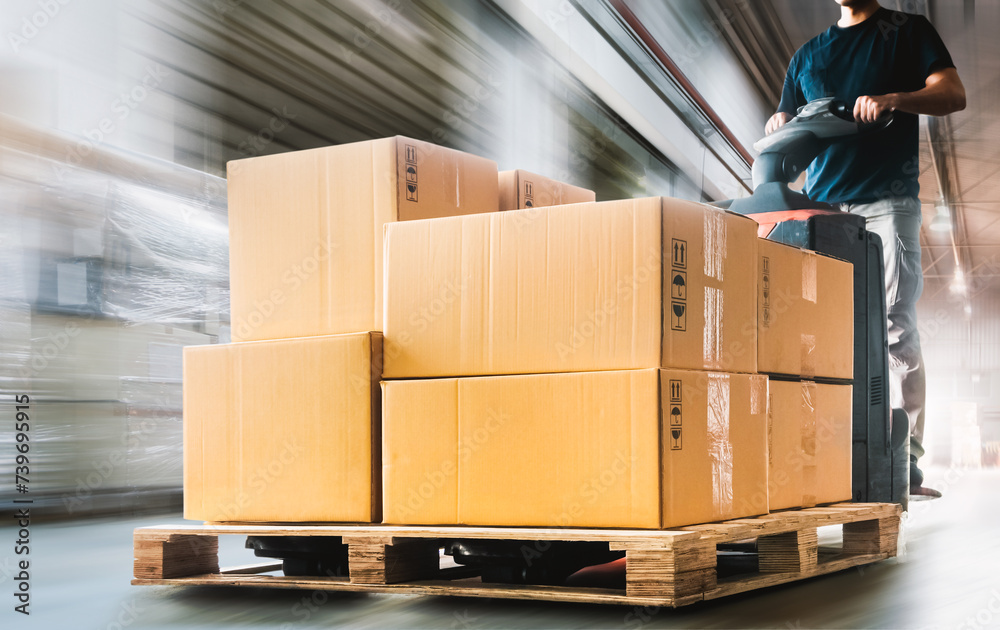 Fast Motion Speed Of Workers Unloading A Package Boxes On Pallets In