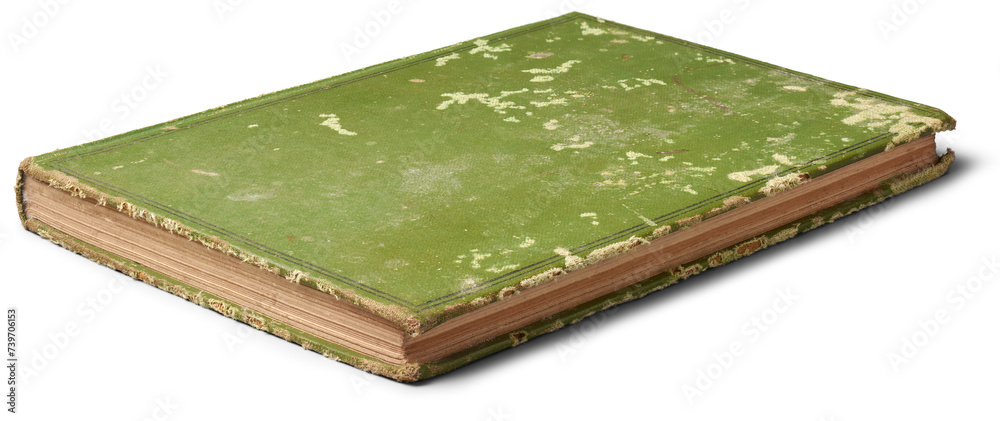 old used book with torn and worn green cover isolated on white ...