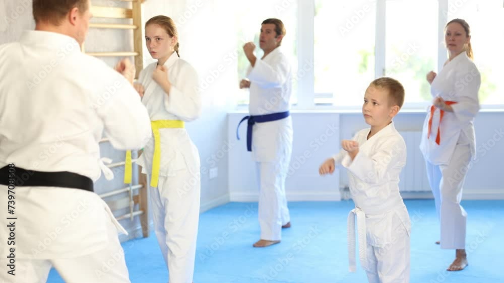 Vidéo Stock Kid boy and his family repeat movements and learn fighting ...