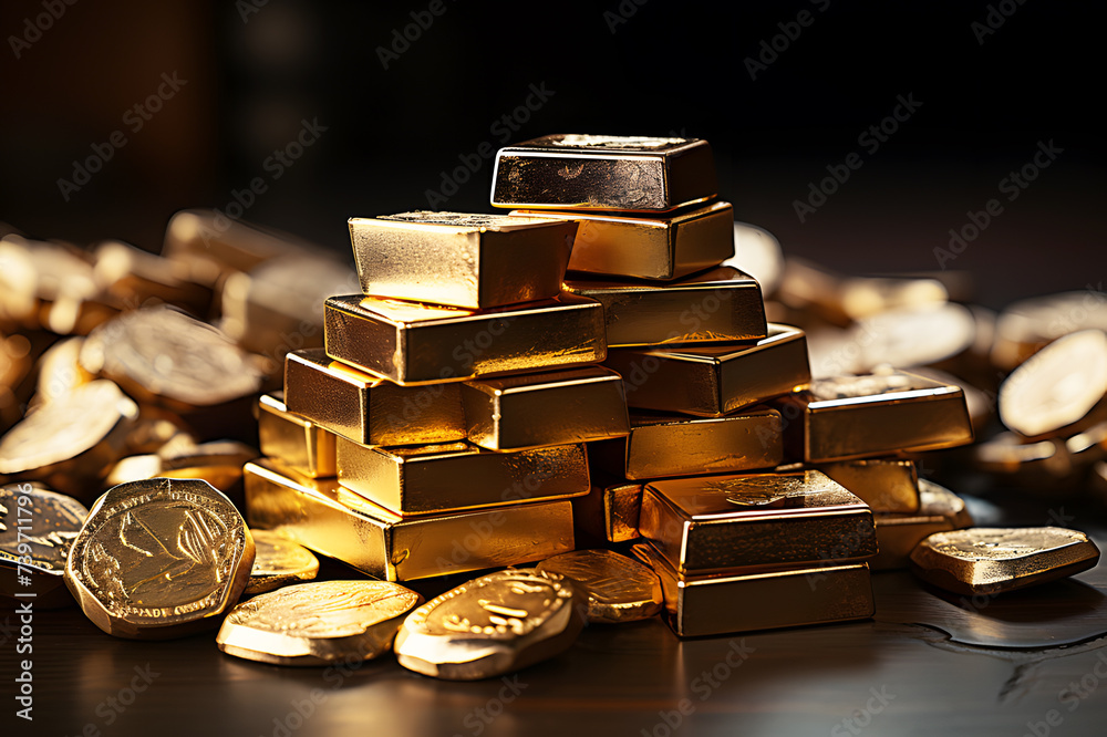 Gold bars are placed on pile of gold coins. Trading. Pile of gold bars financial business ...