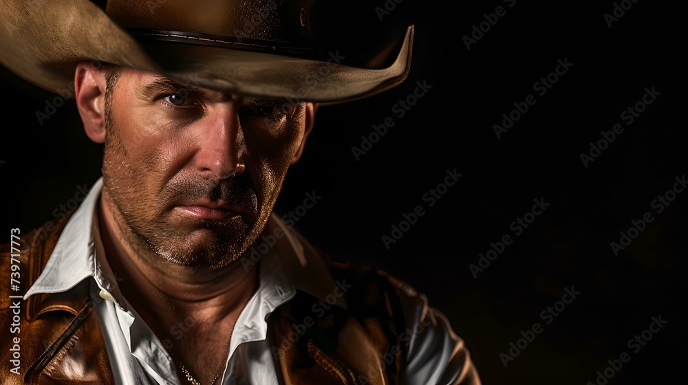 Rugged cowboy portrait in low light. man with hat exudes western style ...