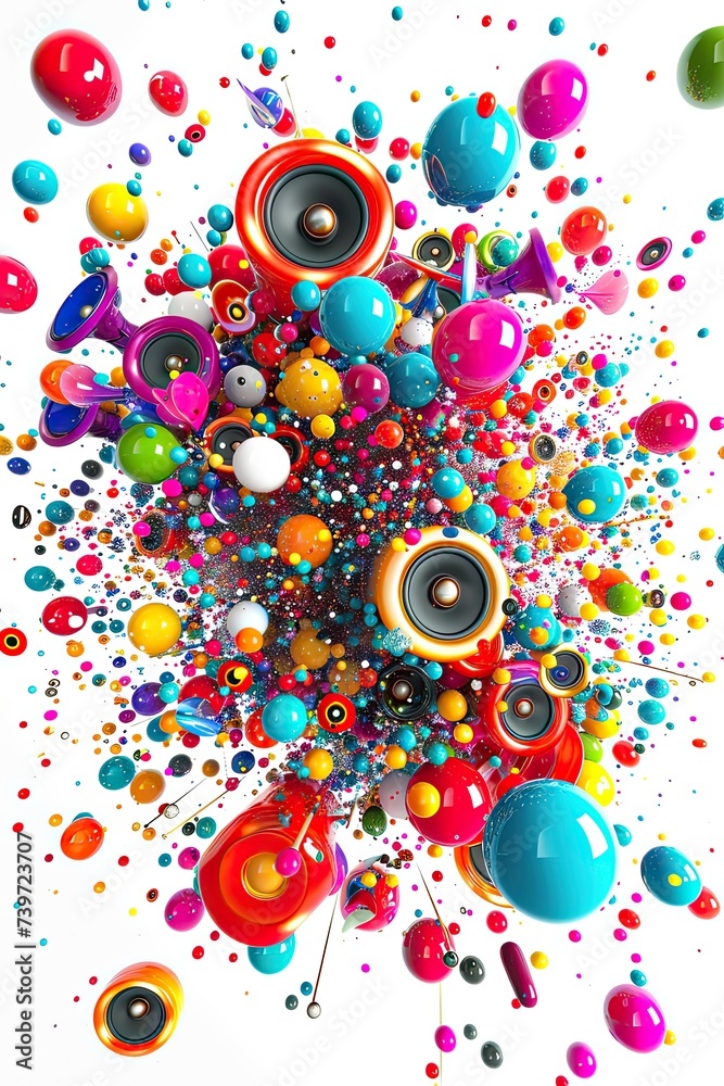 3d abstract explosion of speakers, shapes, rainbows, flowers, orbs on a ...