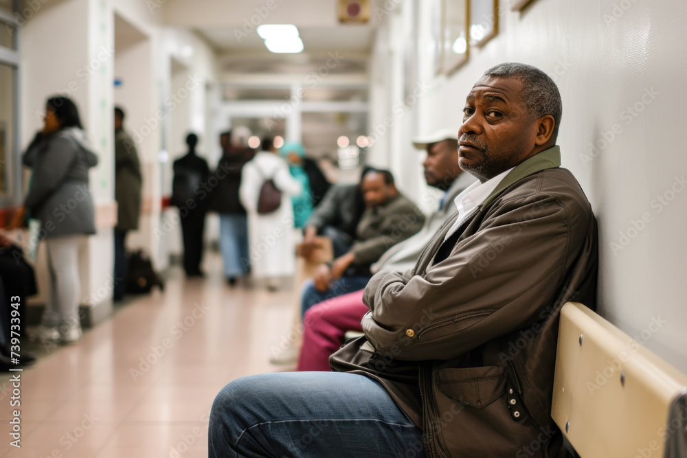 Diverse group of people waiting in hospital reception lobby to attend ...