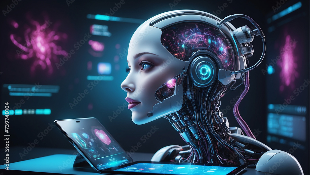 Virtual AI Assistant displayed on a tablet or screen. Artificial ...