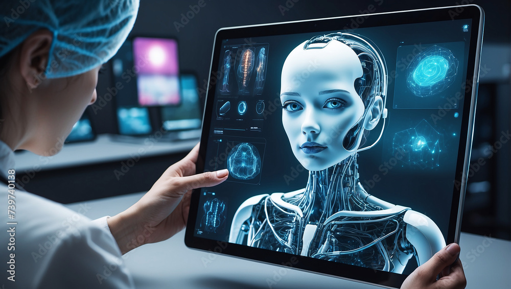 Virtual AI Assistant displayed on a tablet or screen. Artificial intelligence emerging role in ...