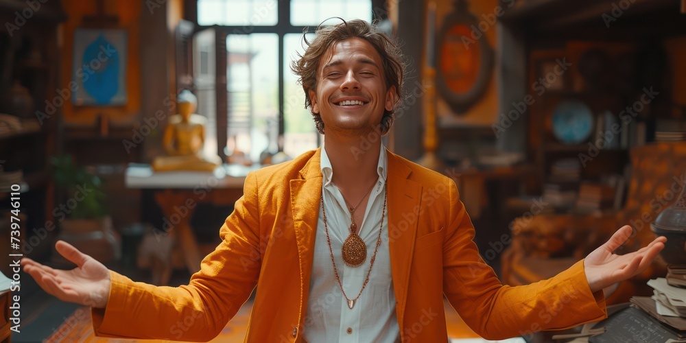 Happy man say thank you, smiling and laughing with hands showing ...