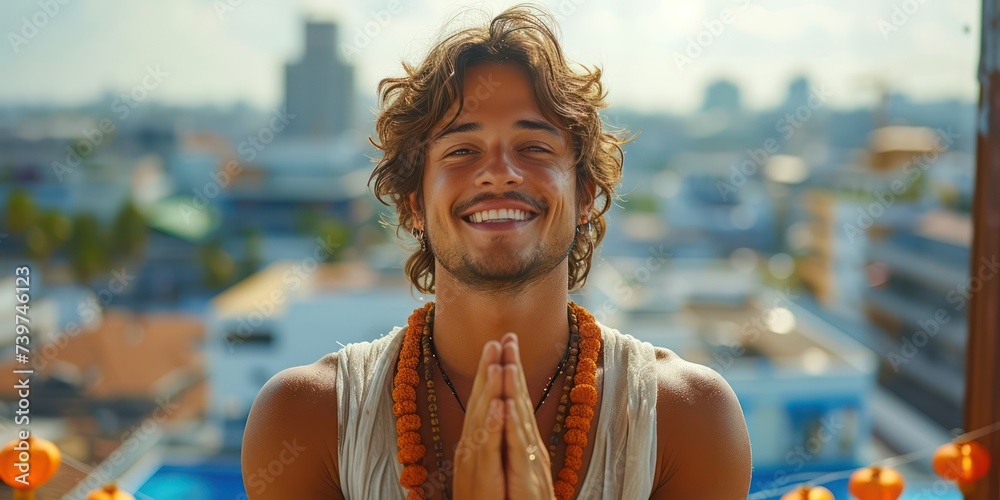 Happy man say thank you, smiling and laughing with hands showing ...