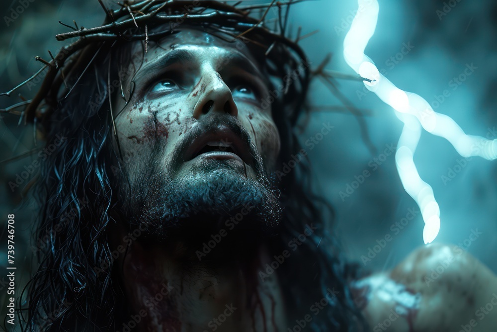 Jesus Christ on the cross, thunder lightning storm dark clouds in the ...