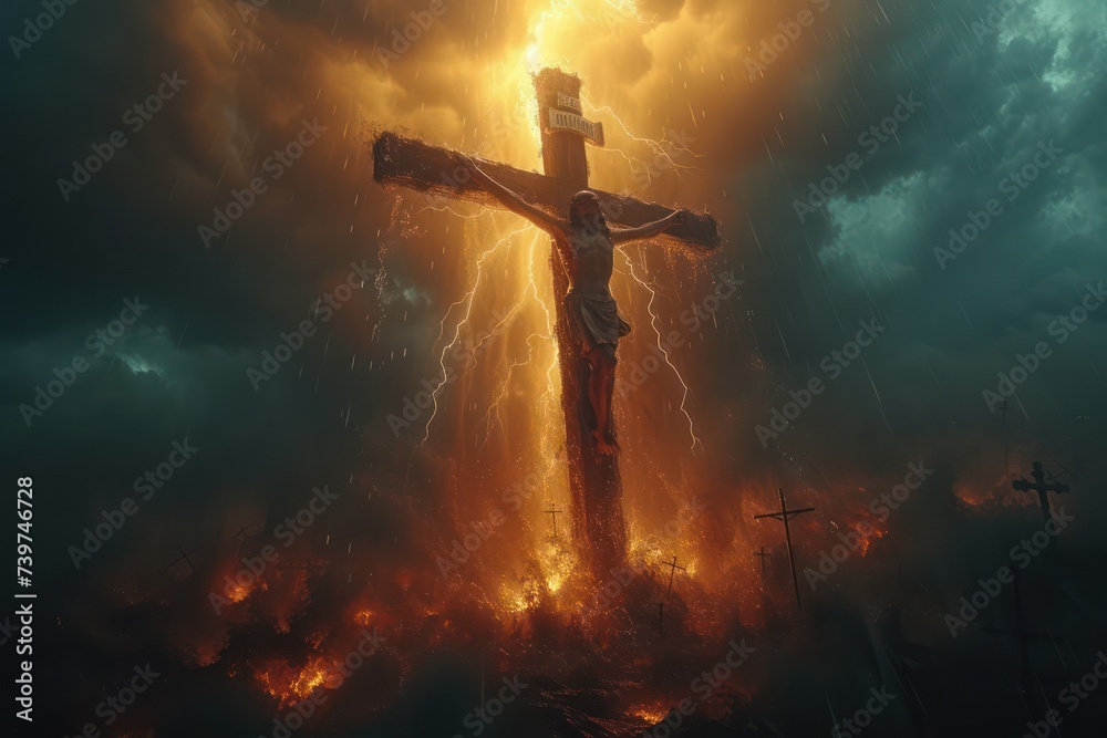 Jesus Christ on the cross, thunder lightning storm dark clouds in the ...
