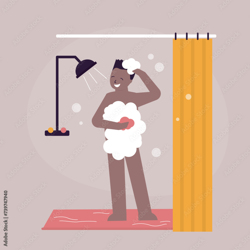 Little kid take a shower and wash body. Young african american boy ...