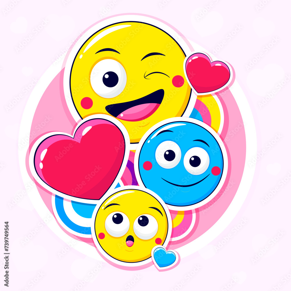 Eye-catched card with cute emoticons with different mood. Cartoon emoji ...