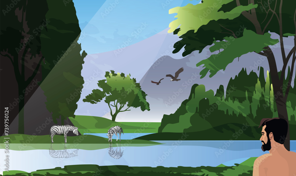 Adam stand in the garden of Eden. There are different animals in the ...