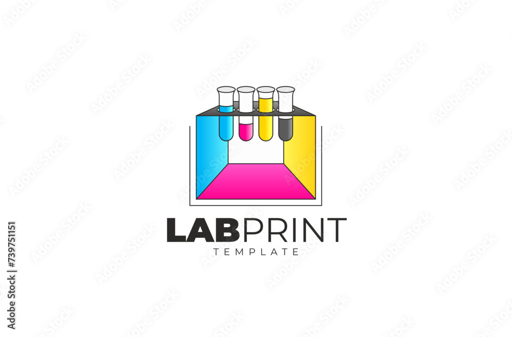 Logo Lab Print CMYK theme. Beaker with ink and cube. Template design ...