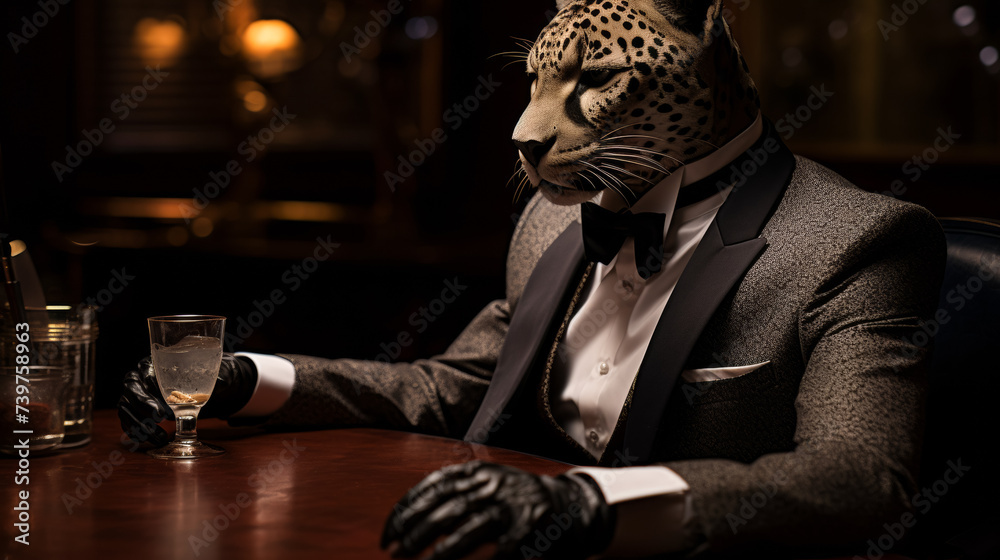 sleek cheetah adorned in a tailored pinstripe suit, accessorized with a ...