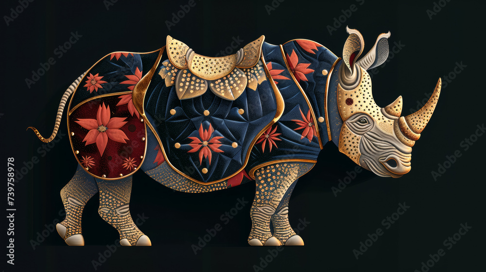 rhinoceros in the art style of bold colors and quilted patterns ...