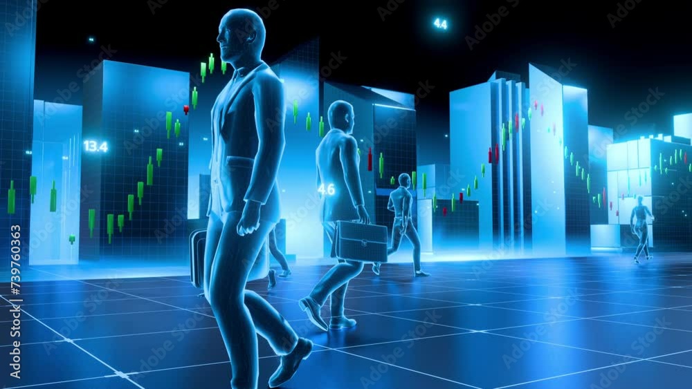 Multiple digital human figures walking in a virtual stock market ...