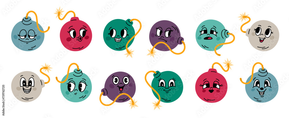 Cartoon comic bomb characters. Round explosives with wicks and retro ...