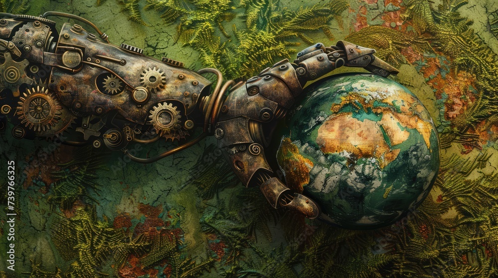 Steampunk Mechanical Hand Grasping Earth Globe - Industrial and ...