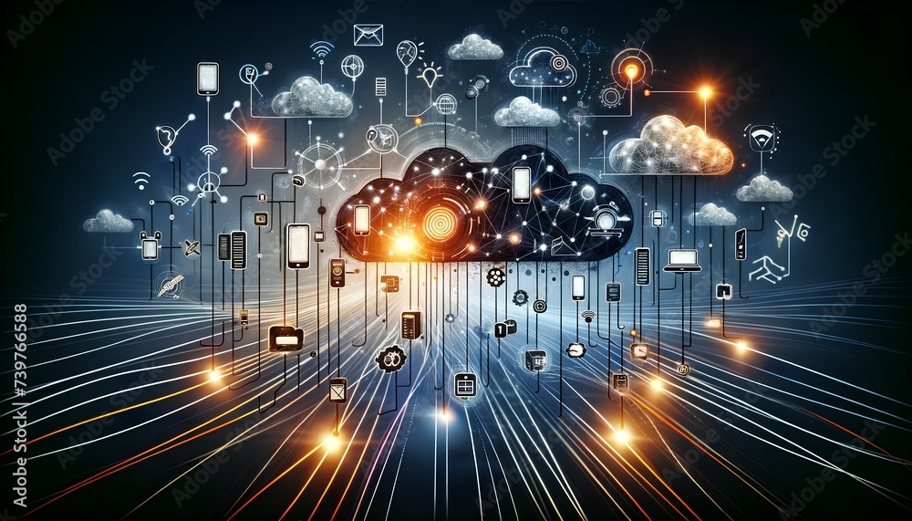 Cloud computing concept, showcasing file upload and storage symbols ...