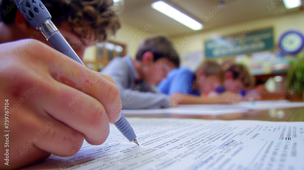 Student Taking Notes in Classroom Setting. Close-up of a student's hand ...