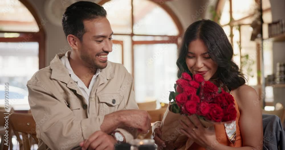 Happy, roses and couple on date in restaurant for valentines day ...