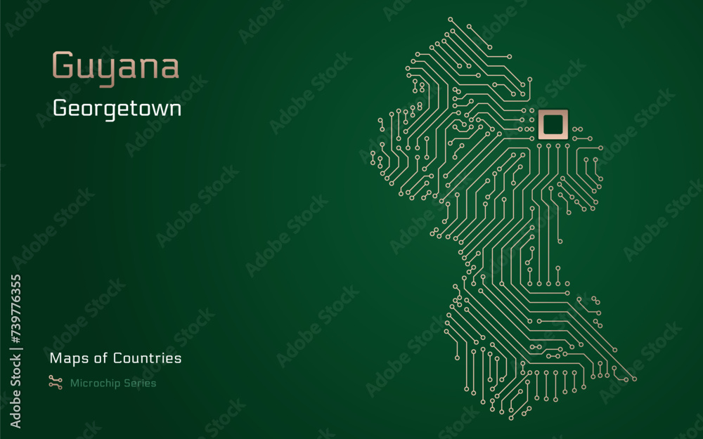 Vetor de Guyana Map with a capital of Georgetown Shown in a Microchip ...