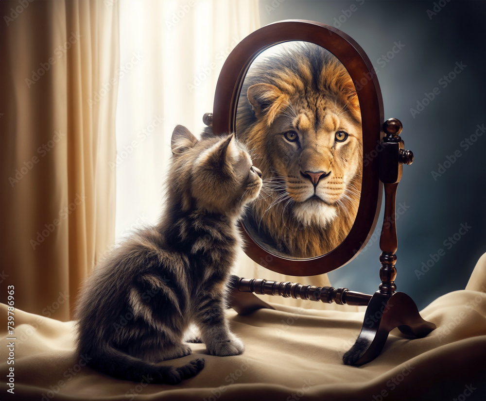 Cat looking at the mirror and seeing the reflection of a lion ...