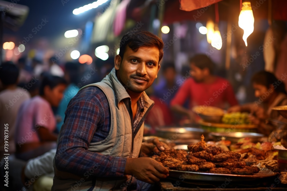 Photograph a 30-year-old Indian man eating spicy chicken tikka masala ...
