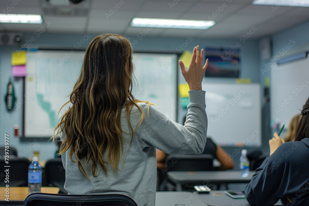 College Student Raising Hand in Lecture Hall. A college student raises ...