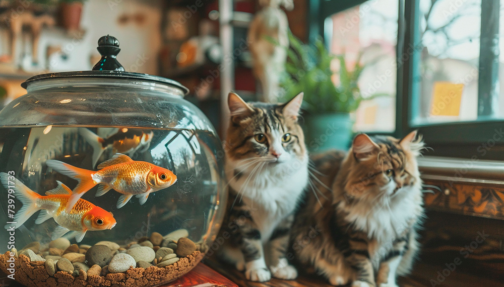 cute tropical gold fish in an aquarium, two cats watching the fish ...