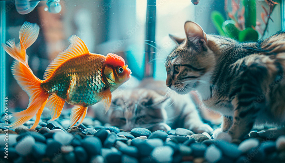 cute tropical gold fish in an aquarium, two cats watching the fish ...