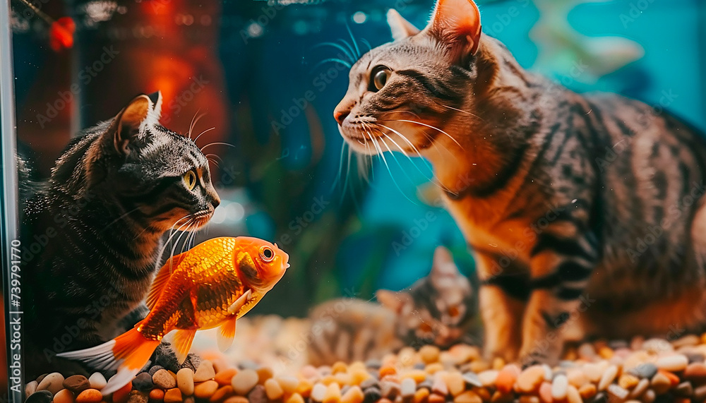 cute tropical gold fish in an aquarium, two cats watching the fish ...