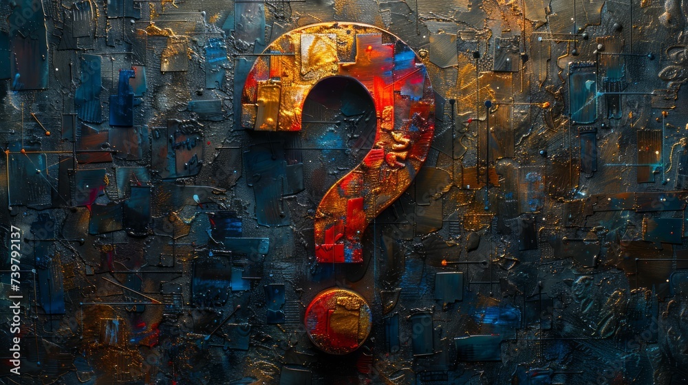Mystical question mark glowing on a dark textured abstract background ...