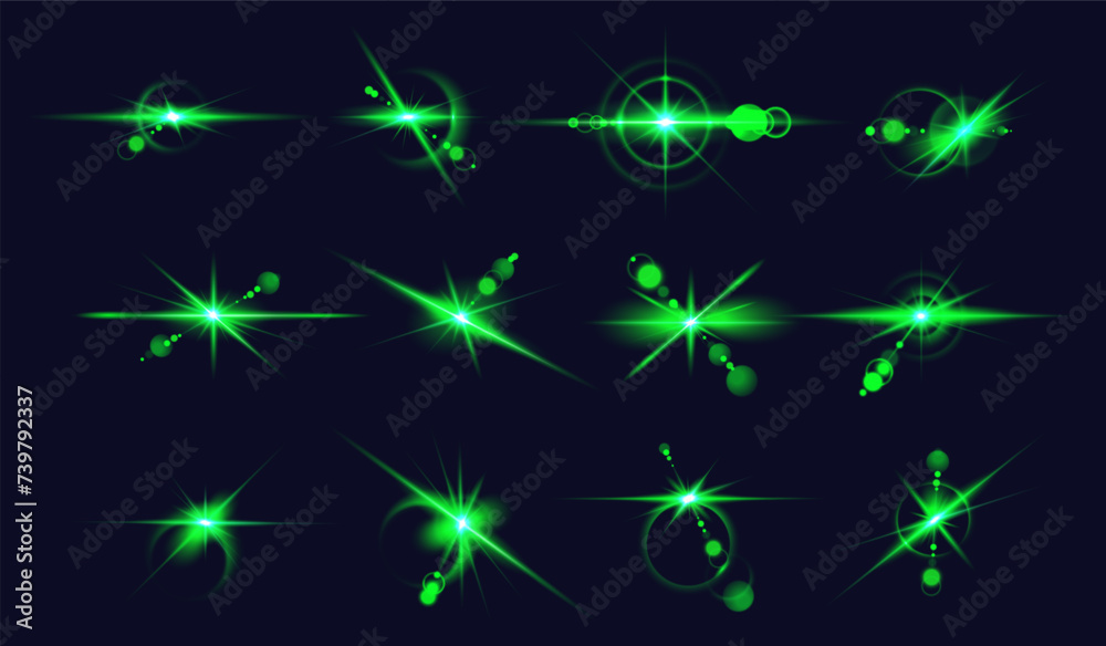 Glowing emerald stars flashes realistic vector illustration set ...