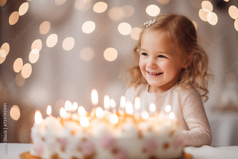 Cake Smash party. Little birthday girl with first cake. Happy infant ...