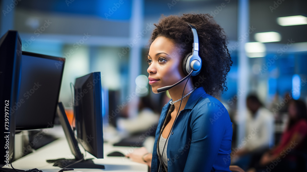 Within a bustling call center, a thoughtful female helpdesk service ...
