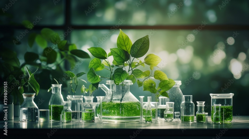 Close-up of beakers and test tubes with liquid and plant leaves in a ...